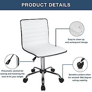 BOSSIN Adjustable Home Office Chair, Mid-Back Armless Ribbed Swivel Task Chair,Vanity Chair for Small Space, Living Room, Make-up, Studying (White)