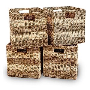 Foldable Hand-woven Wicker Cube Storage Bins, Collapsible Wicker Storage Cubes, Natural Palm Fiber & Seagrass Storage Baskets, Chi An Home Cubes Organizer with Handles, 4 Pack - 11.8" x 11.8" x 11.8"