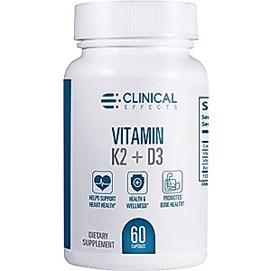 Clinical Effects Vitamin K2 + D3 - K2 + D3 Vitamin Supplement with Bioperine Black Pepper Extract and Calcium for Bone and Heart Health Support - 60 Capsules - Max Absorption - Made in The USA