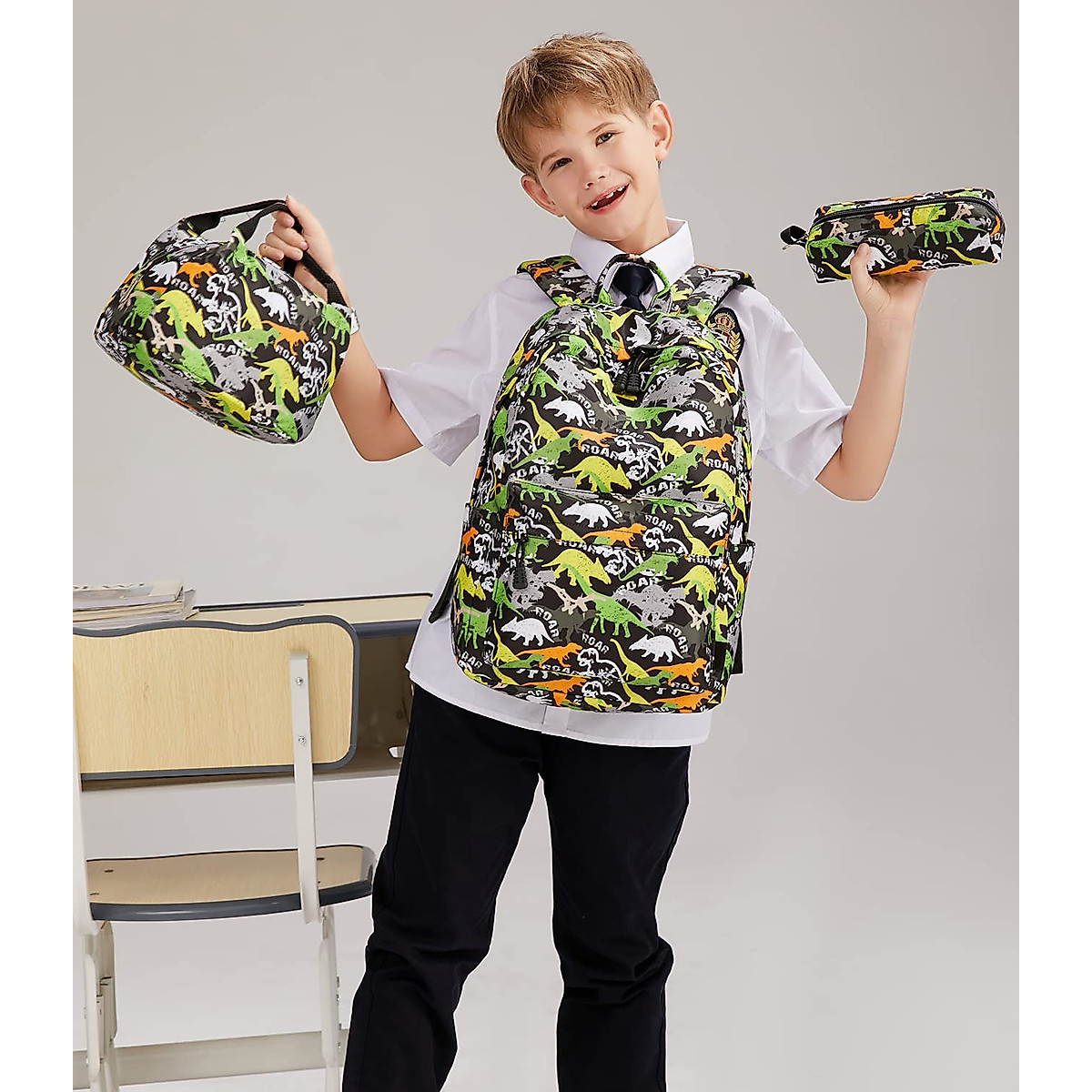 Ecodudo Cute Lightweight Dinosaur Backpacks Boys School Bags Kids Bookbags with Lunch Bag (Colorful Dinosaur Set)