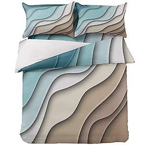 4 Pieces Duvet Cover Bedding Set Cal King Ultra Soft Quilted Luxury Washed Comforter Bedspread Bed Sheet Pillowcases Modern Teal Bule Brown Gradient for Bedroom Decor Geometric Abstract Beach