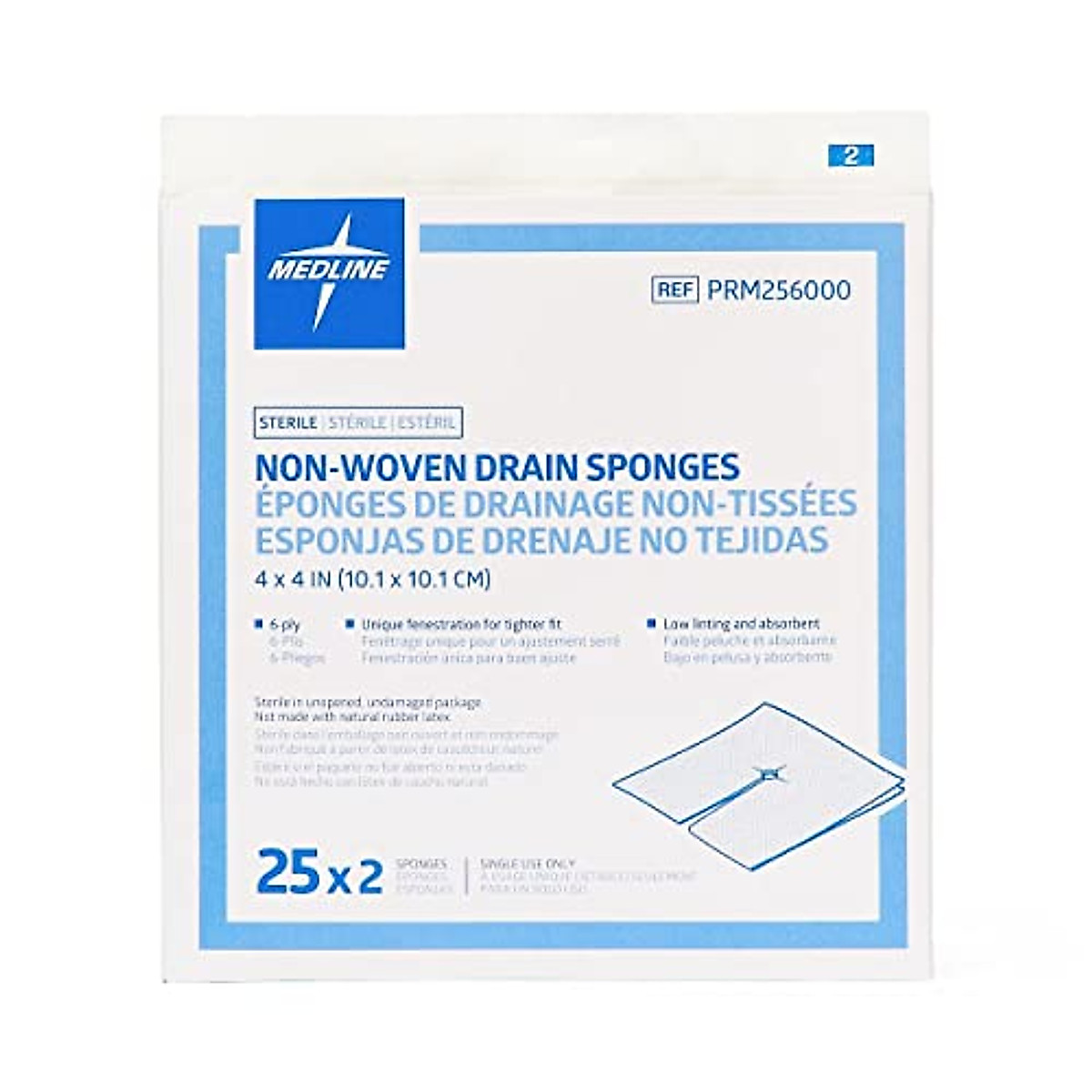 Medline Caring Non-Woven Sterile Drain Sponges, 4"x4", 6-ply (Case Of 600)