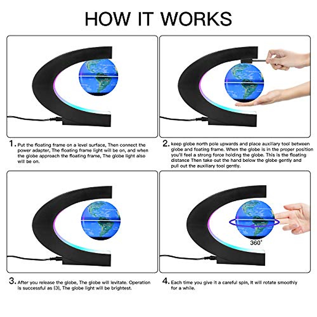 Gresus Upgraded Magnetic Levitation Floating World Map Globe with C Shape Base, Floating Globe with LED Lights, Great Fathers Students Business Boyfriend Birthday Gift for Home Desk Decoration (Blue)