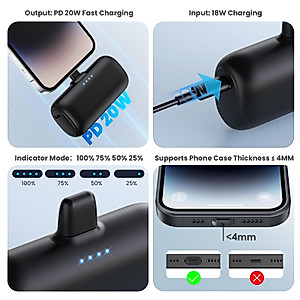 AONIMI Small Portable Charger for iPhone 5200mAh,Compact PD Fast Charging Power Bank,Mini Plug-in Battery Pack Cordless Phone Charger Compatible with iPhone 14/14 Pro/13/13 Pro/12/12 Pro/11/X/6/8 etc