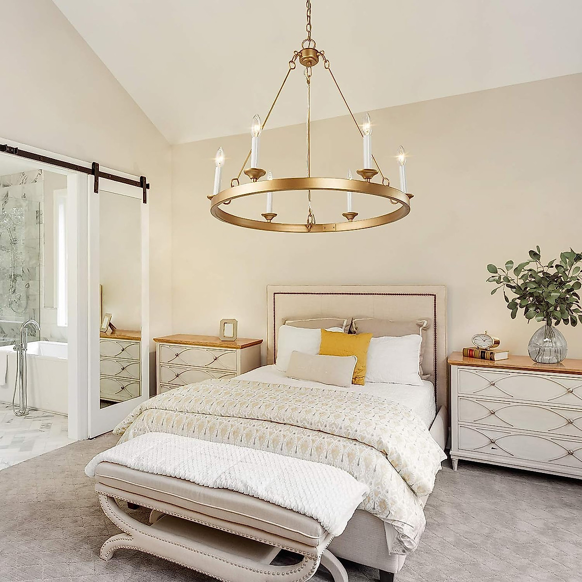 Uolfin Wagon Wheel Chandelier Gold, Modern Large 26.5” Dining Room Chandelier Light Fixture with 6 White Candlesticks for Kitchen, Living Room and Bedroom