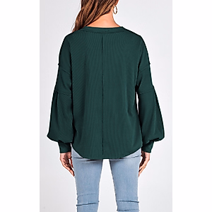 BTFBM Women's Ribbed Long Sleeve Tops 2025 Summer Spring Pullover Knit Casual V Neck Blouses Trendy Loose Fit Tunic Top(Solid Dark Green, Large)