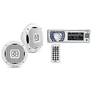 LANZAR 6.5” Dual Waterproof Marine Speakers - 400W 4Ohm Outdoor Car/Boat Radio Stereo Speakers Grill AQ6CXW & Pyle Bluetooth Marine Receiver Stereo - PLRMR23BTW (White)
