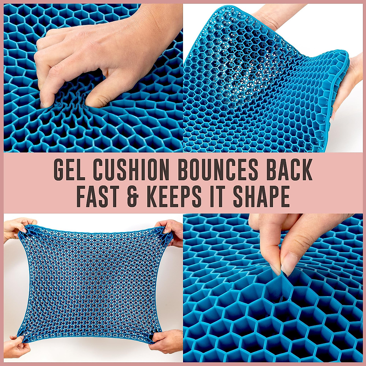 Gel Seat Cushion for Long Sitting - Honeycomb Cooling Pad with 1.2" Inches of Gel Padding & Padded Cover for Driving, Office Chair, Car or Wheelchair - Sciatica, Tailbone and Pressure Relief Pillow