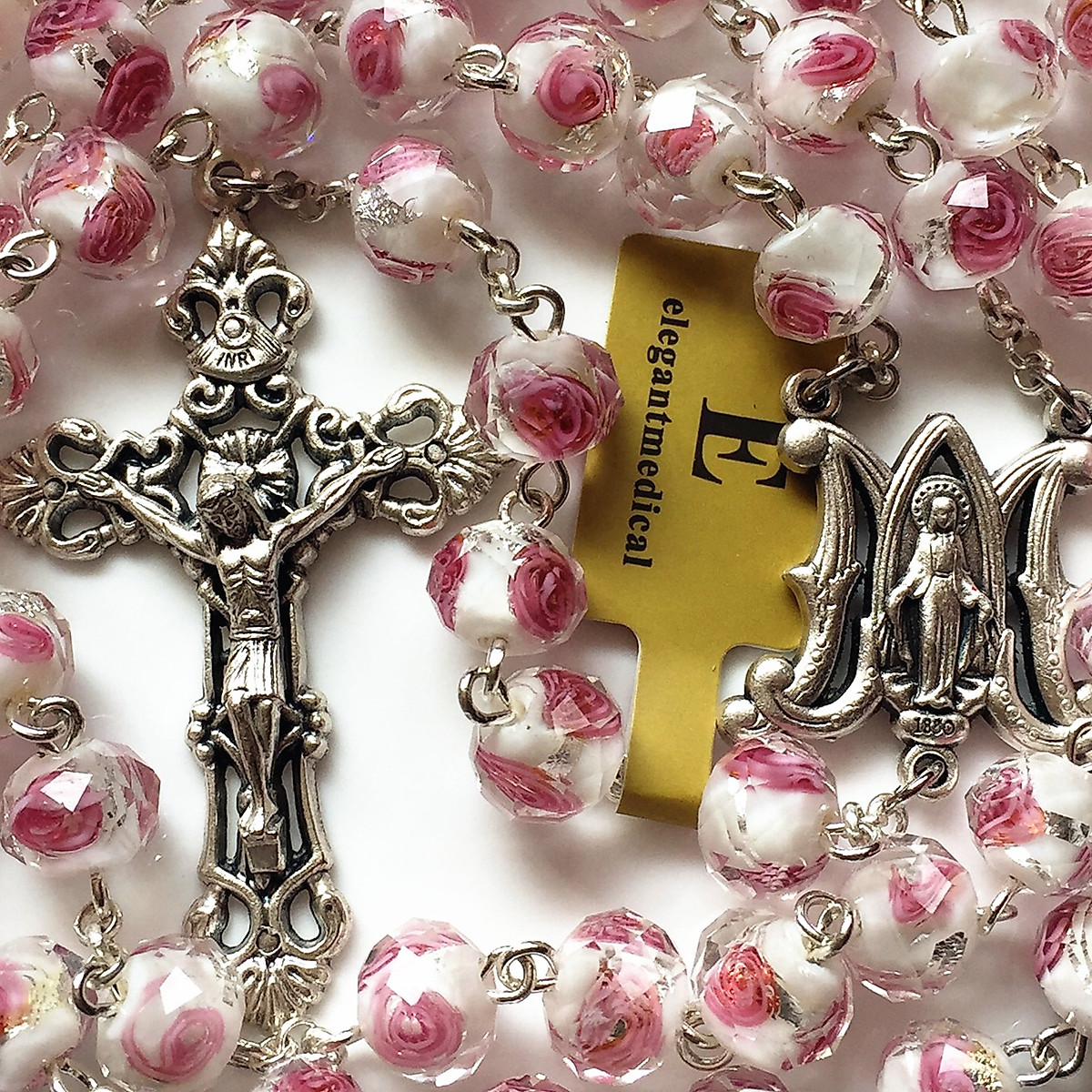 elegantmedical Handmade ROSE PINK Veluriyam ROSE BEADS ROSARY & ITALY CROSS MEDAL Catholic necklace GIFT BOX