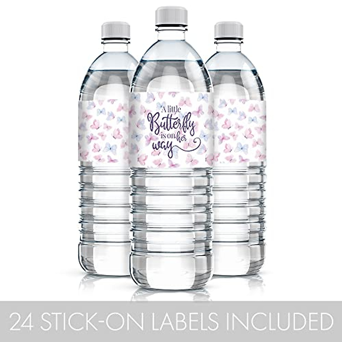 Butterfly Girl Baby Shower Water Bottle Labels - A Little Butterfly is on Her Way - It's a Girl Pink and Purple Waterproof Wrappers - 24 Count