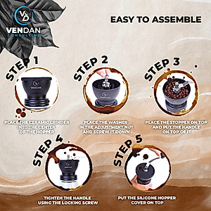 VenDan Manual Coffee Grinder - Hand Crank Coffee Grinder with Travel Jar - Coffee Bean Grinder - Incl. Coffee Scoop & Cleaning Brush - Molino de Cafe