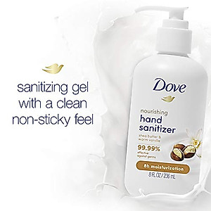 Dove Nourishing Hand Sanitizer 99.99% Effective Against Germs Shea Butter and Warm Vanilla Antibacterial Gel with 61% Alcohol and Lasting Moisturization For Up to 8 Hours, 8 Fl Oz (Pack of 4)