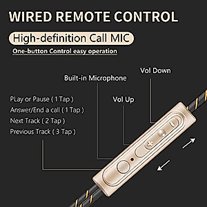 ELOVEN 3.5mm Hi-Res Audio Earphone Deep Bass Stereo Sound Wired Earbuds Noise Isolation Headphones in-Ear Headset with Mic Volume Control Music Sports Earphones for iPhone Samsung Streamer Gold