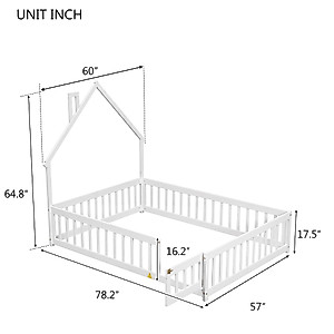Harper & Bright Designs Kids Full Floor Bed with Rails & House-Shaped Headboard, Wooden Full Montessori Floor Bed Frame, Full Playhouse Bed for Kids Teens Girls Boys (White)
