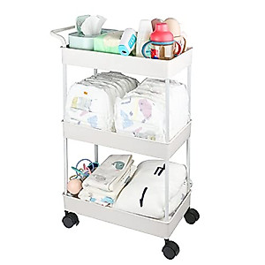 Volnamal Baby Diaper Caddy, Plastic Movable Diaper Cart Newborn Nursery Essentials Baby Diapers Organizer for Changing Table & Crib, Easy to Assemble, Beige