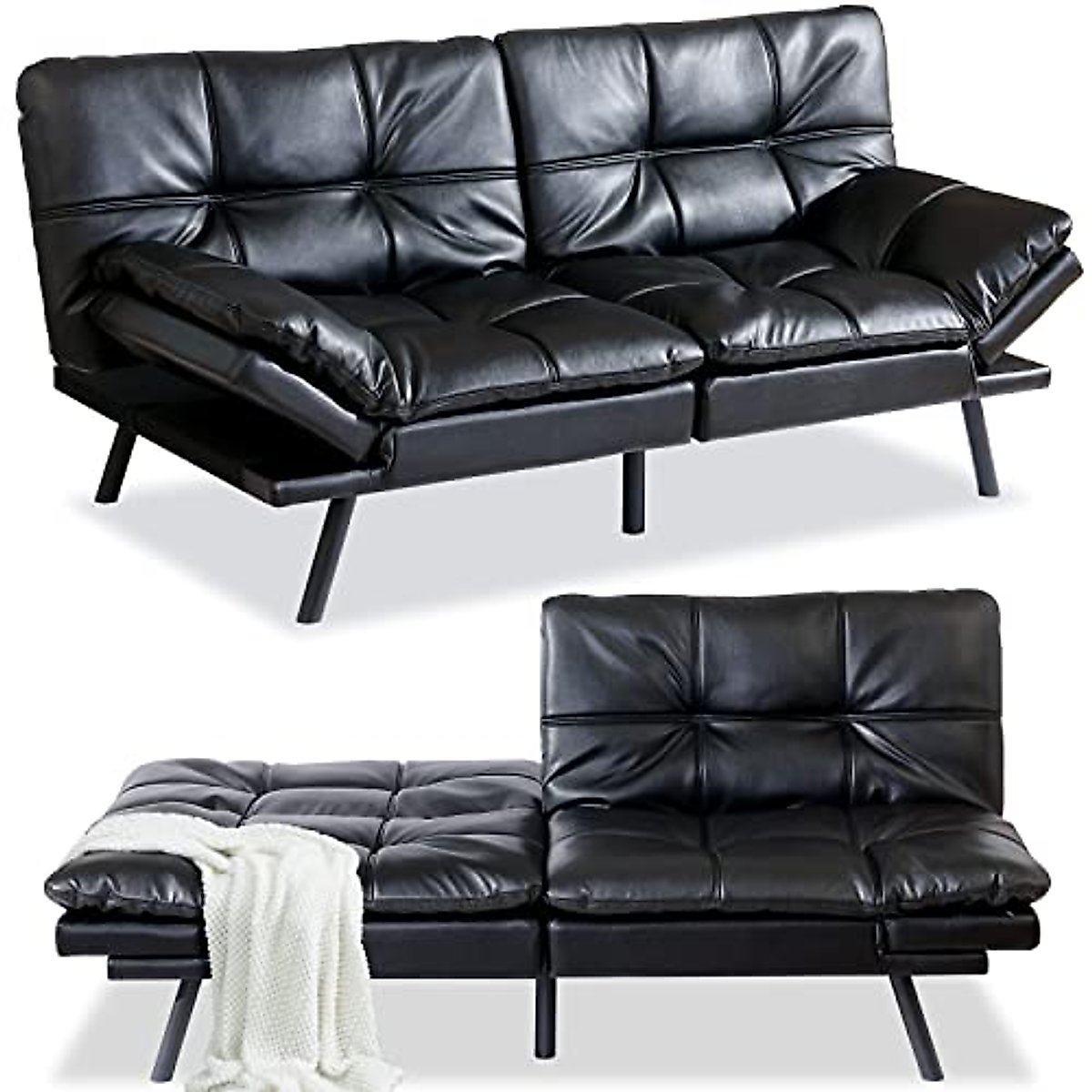 Opoiar Futon Sofa Bed,Faux Leather Convertible Sofa Bed,2 Seater Sofa Couch,Futon Couch,Memory Foam Sleeper Sofa with Quick Adjustable Armrest & Backrest for Compact Living Spaces,Black