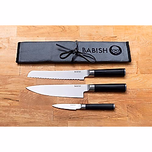 Babish German High-Carbon 1.4116 Steel Cutlery, 3-Piece (Chef Knife, Bread Knife, & Pairing Knife) w/Kitchen Knife Roll
