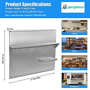 Range Backsplash with Shelf 30 x 30.7 Inch Range Hood Wall Shield Max. 66.14 lbs Load Capacity Stainless Steel Backsplash with Built-in Storage Shelf and Hanging Rack for Kitchen Home Restaurant