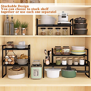 DOLALIKE Expandable kitchen Countertop Organizer, Stackable Cabinet Shelf Organizers, Space Saving Spice Rack Pantry Storage for Bathroom Office Organization (Black, 2 Pack)