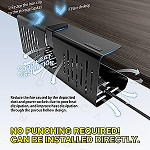 NODOCA No Drill Under Desk Cable Management Tray, 14'' Wire Management, Punch-Free Clamp on, Newest Metal Cable Tray, Wire Organizer Under Desk, Under Desk Basket for Office and Home, Black