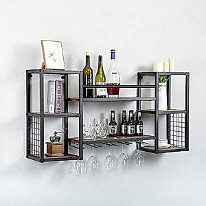 Industrial Hanging Wine Rack Wall Mounted with 5 Stem Glass Holder,47.2in Rustic Wine Glass Rack Wall Mount,Wine Bottle Holder Wall Shelf Wood Shelves,Wine Glass Shelf Metal Floating Bar Shelves