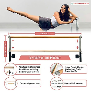 Artan Balance Ballet Barre Wall Mounted for Home or Studio Dance Training, Yoga, Stretching, and Pilates, Adjustable Bar Height, for Kids and Adults, Beginner Friendly, 5 FT Long