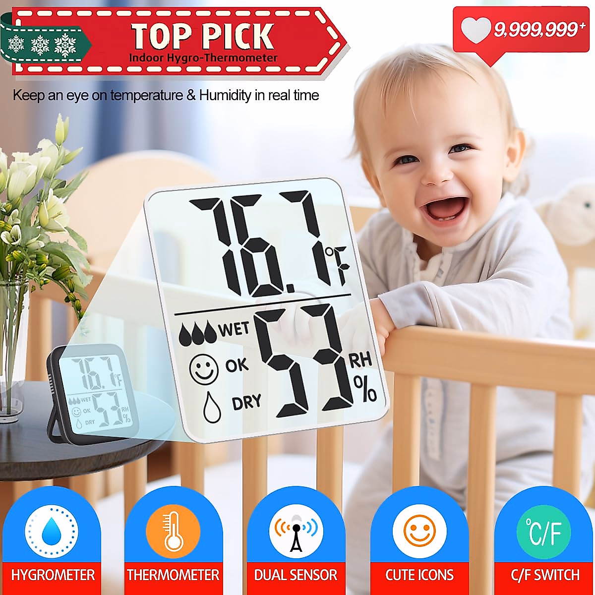 Antonki 2 Pack Room Thermometer for Home, Indoor Hygrometer Humidity Meter Gauge, Digital Temperature and Humidity Sensor Monitor for House, Terrarium, Incubator, Greenhouse - Battery Included