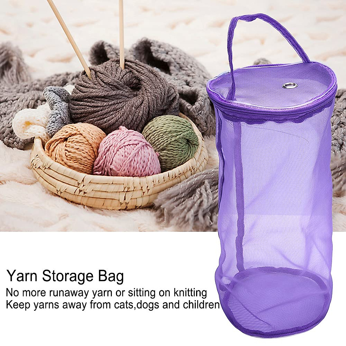Hilitand Mesh Bag Lightweight Portable Yarn Wool Bag, Knitting Crochet Thread Storage Organizer Tote 12.2x5.3inch/5.1x5.1inch(Purple L)
