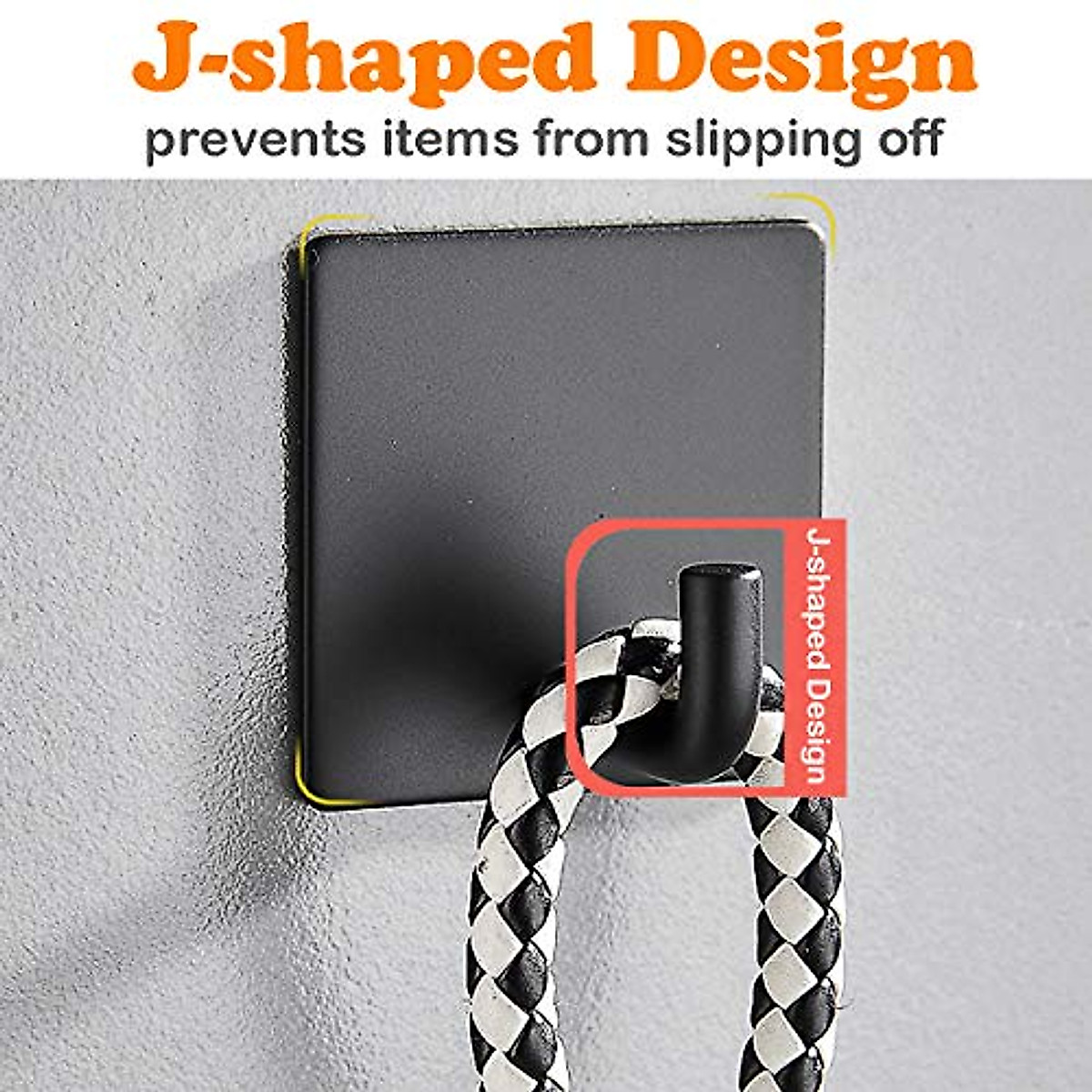 4 Pack Self Adhesive Hooks, Veriya Stainless Steel Adhesive Hook Heavy Duty Sticky Hanger Waterproof Rustproof Hanging Holder Stick on Wall, Door, Bathroom, Kitchen, Office (Black)
