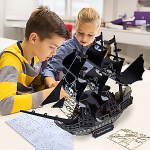 Jigtoy 3D Wooden Puzzle - 22.9" Large Black Pearl Pirate Ship Puzzles - Fun & Educational DIY Ship Building Kit - Easy to Assemble for Kids and Adults - Unique Decoration Toy 141 Pieces