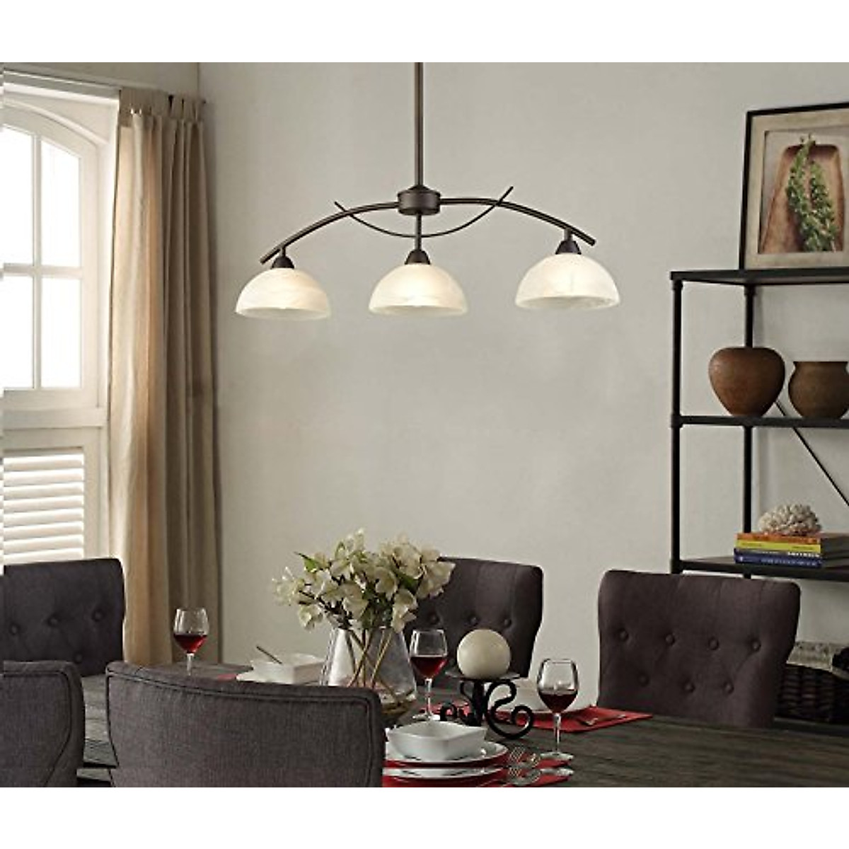 DAYCENT Vintage Frosted Glass Alabaster Shades Pendant Lighting for Kitchen Island 3-Light Rod-Hung Ceiling Hanging Light, Golden Bronze