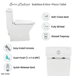 Swiss Madison SM-1T257 Sublime II Compact 24" Length One Piece Toilet Dual Flush 1.1/1.6 GPF with Side Holes, Glossy White