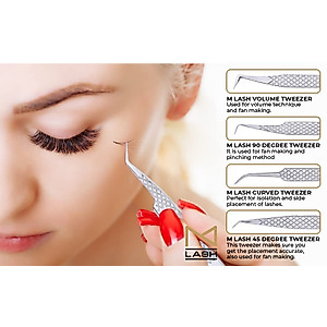 M LASH Tweezers for Eyelash Extensions (Set of 4) - Professional Lash Extension Tweezers - Fiber Tip, Japanese Steel, Diamond Grip Eyelash Extension Tweezer (Pink)