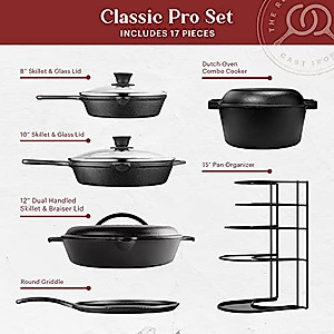 Cuisinel Cast Iron 17-Piece Preseasoned Cookware Set - 8"+10" Skillets + Lids + 5-Quart Dutch Oven + 12" Braiser with Cast Iron Lid + Round Griddle + 15" Organizer Rack + Pan Scraper + Silicone Handle