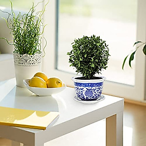 GANAZONO Outdoor Planters Blue and White Porcelain Flower Pot with Porcelain Saucer Chinese Ceramic Plant Pots Balcony Planter Bonsai Pot for Garden and Indoor Plant Saucers