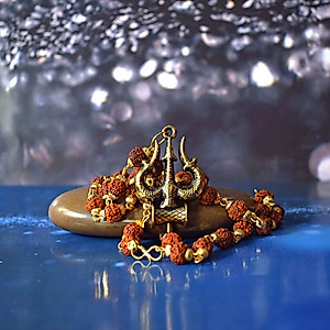 Imagine Stores Imagine Mart Men's And Women's Agate Golden Gold-Plated Brass, Wood Lord Shiv Trishul Locket With Panchmukhi Rudraksha Mala, Stainless Steel