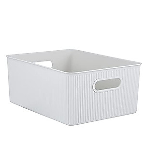 Superio Decorative Plastic Lidded Home Storage Bins Organizer Baskets, Large White Smoke (1 Pack - 15 Liter) Stackable Container Box, for Organizing Closet Shelves Drawer Shelf - Ribbed Collection