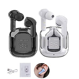 dhaonxb Crystal Earbuds,Bluetooth Headphones Noise Canceling Translucent Earphones,Mini Crystal in-Ear Earbuds LED Power Display (Black+White)