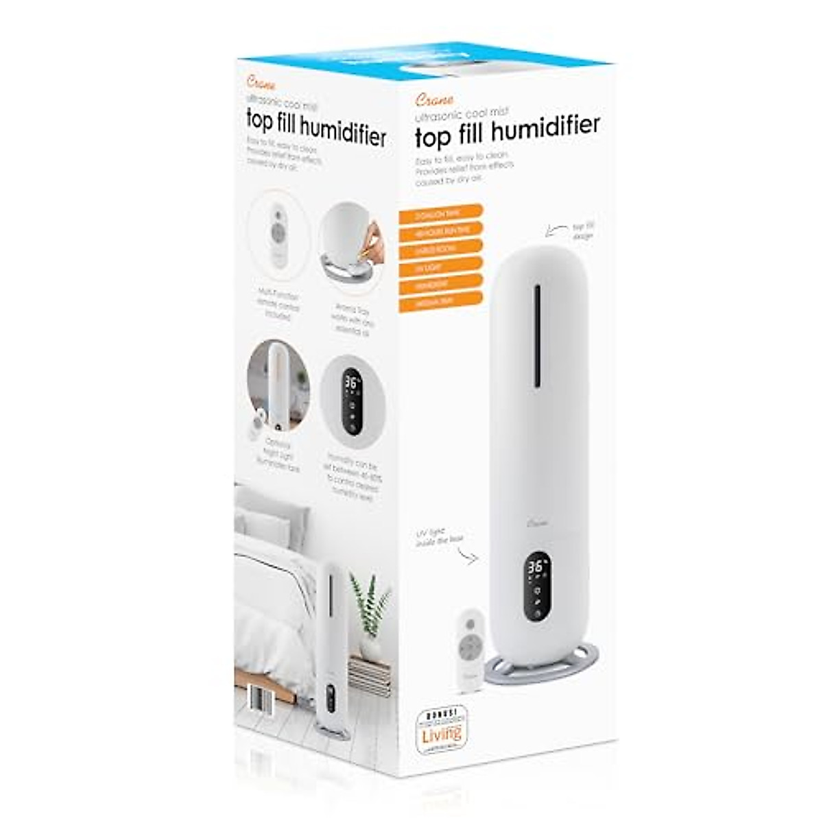 Crane Ultrasonic Cool Mist Tower Humidifier, 2 Gallon,White,EE-6917
