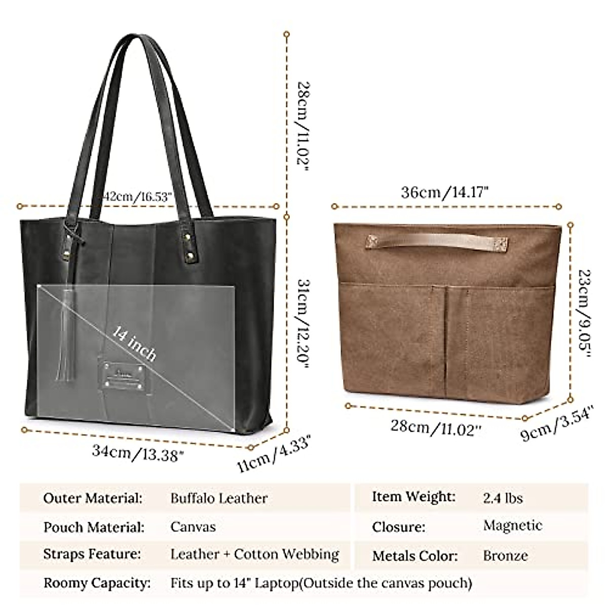 S-ZONE Women Vintage Genuine Leather Tote Bag Shoulder Purses with Removable Canvas Pouch