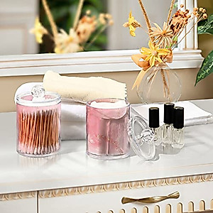 ALAZA 2 Pack Qtip Holder Dispenser Cute Pink Marble Bathroom Organizer Canisters for Cotton Balls/Swabs/Pads/Floss,Plastic Apothecary Jars for Vanity
