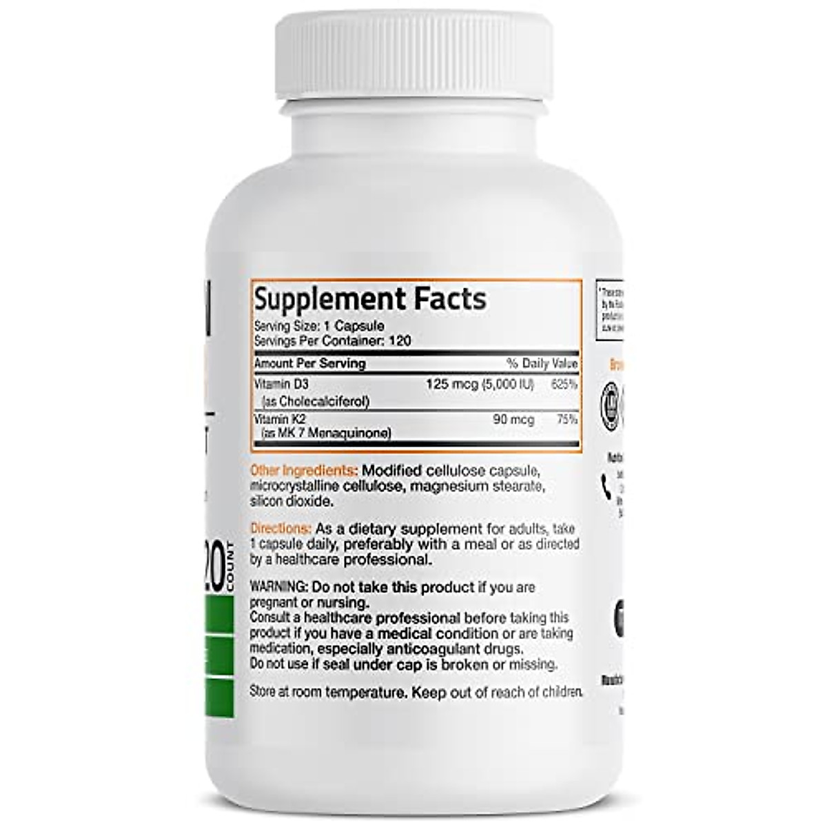 Bronson Vitamin K2 (MK7) with D3 Supplement Non-GMO Formula 5000 IU Vitamin D3 & 90 mcg Vitamin K2 MK-7 Easy to Swallow Vitamin D & K Complex, 120 Capsules