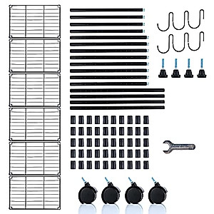 YSSOA Heavy Duty 6-Shelf Shelving with Wheels, with Hanging Hooks, Wire Shelving, Adjustable Storage Units, 17'' D x 11'' W x 63'' H, 6 Tier, Black