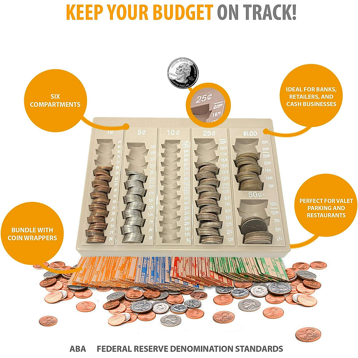 Coin Counter and Sorters Money Tray – Bundled with 64 Coin Roll Wrappers – 6 Storage Compartment Change Organizer and Holder - Ideal Coin Dispenser for Bank Tellers Business or Home Use