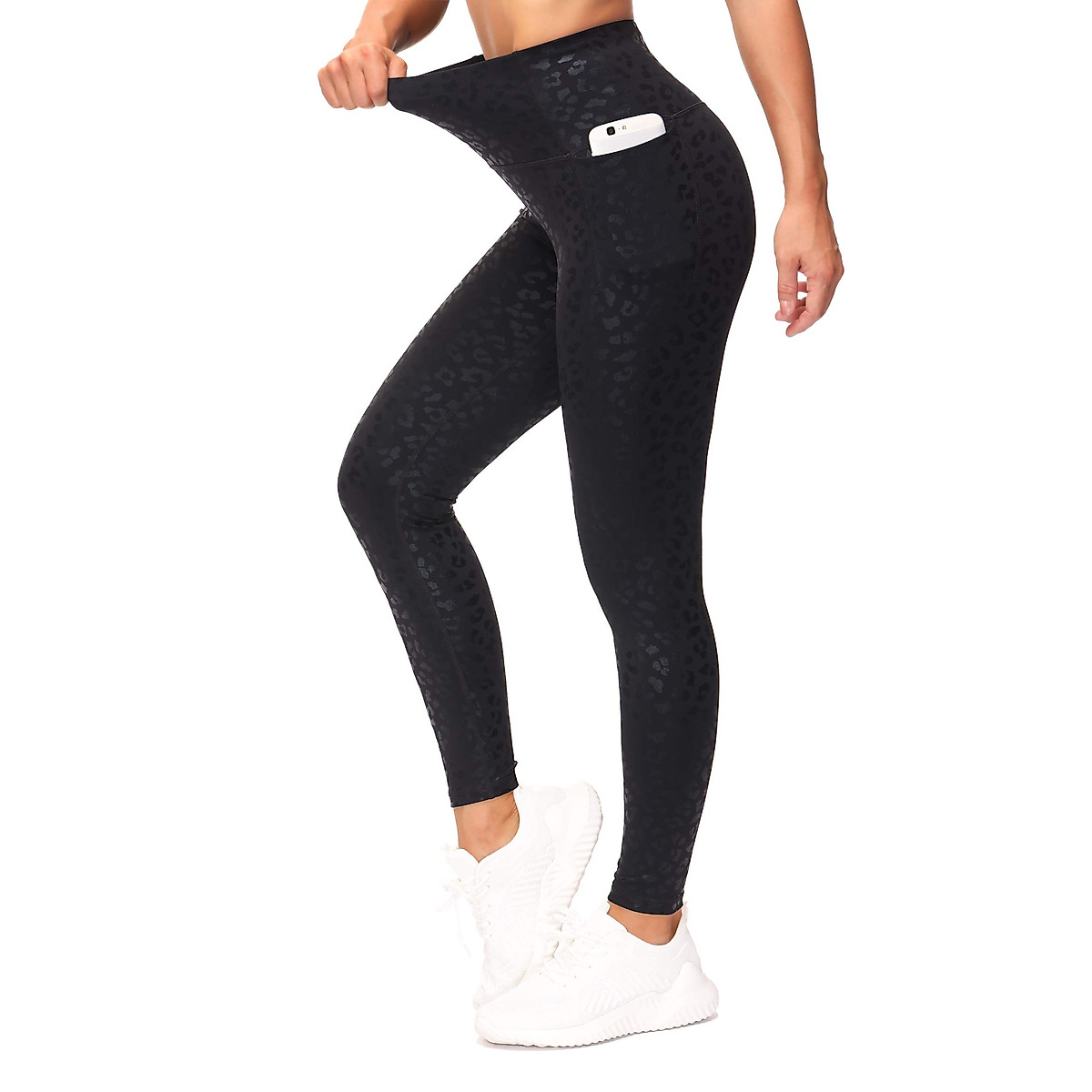 THE GYM PEOPLE Tummy Control Workout Leggings with Pockets High Waist Athletic Yoga Pants for Women Running, Fitness (Black Leopard, X-Large)
