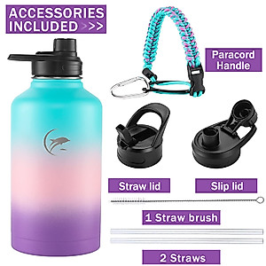 64 oz Insulated Water Bottle,Vacuum Stainless Steel Water Bottle with Straw Lids and Spout Lids,Paracord Handle, Double Wall Leak Proof Without BPA Metal Thermo Mug Water Flask for Sports Outdoor Gym