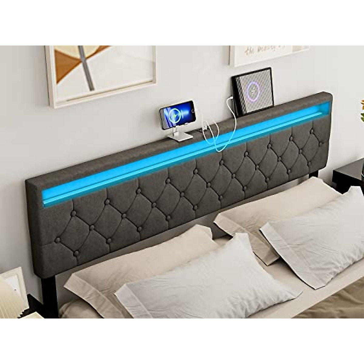IKIFLY Upholstered King Size Headboard with 2 USB Ports & LED Lights - Adjustable Height - Button Tufted Padded Linen Fabric Headboard, Easy Assembly, King Headboard Only for Bedroom - Dark Grey