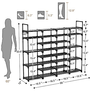 ROJASOP Large Shoe Rack Storage Organizer for Closet Entryway, 62-66 Pairs Sturdy Tall Shoe Rack for Closet with Side Hooks Garage Shoe Rack Stackable Boot Shoe Rack for Bedroom