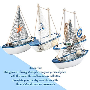 BUYGOO 4 Pack Mini Sailboat Model Decoration, Wooden Miniature Sailing Boat Home Decor Set, Beach Nautical Design, Navy Blue and White, for Ocean Theme Decoration, 4.3 x 5.3 x 1.25 Inches (4 Different Design)