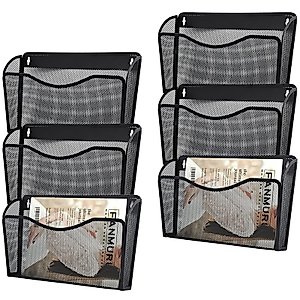COSYAWN 6 Pack Mesh Wall Mounted File Holder, Metal Hanging Wall Paper Folder Organizers, Single Wall Pockets for Home and Office Black